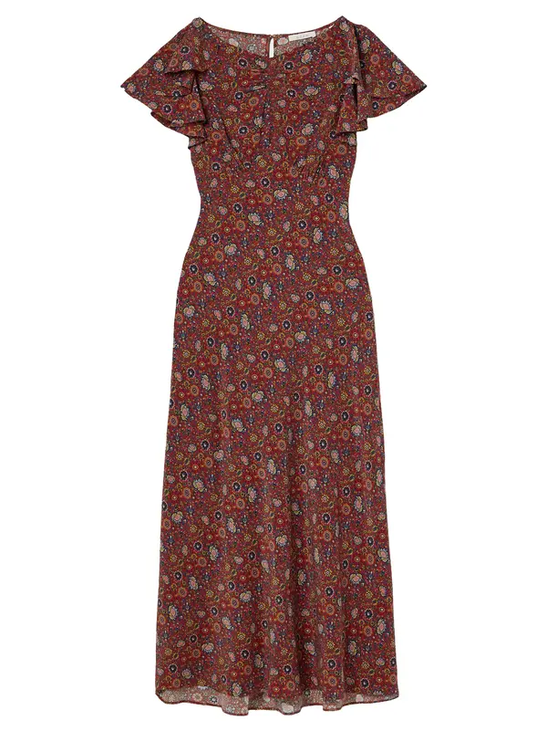 DÔEN Beatriz Ruffled Printed Silk Crepe De Chine Midi Dress - Red