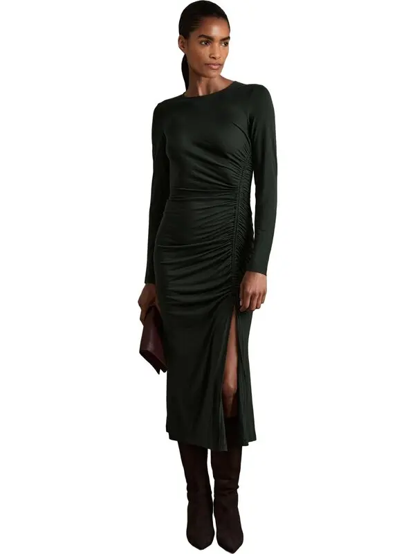 REISS Rosie Jersey Ruched Midi Dress - Dark Green