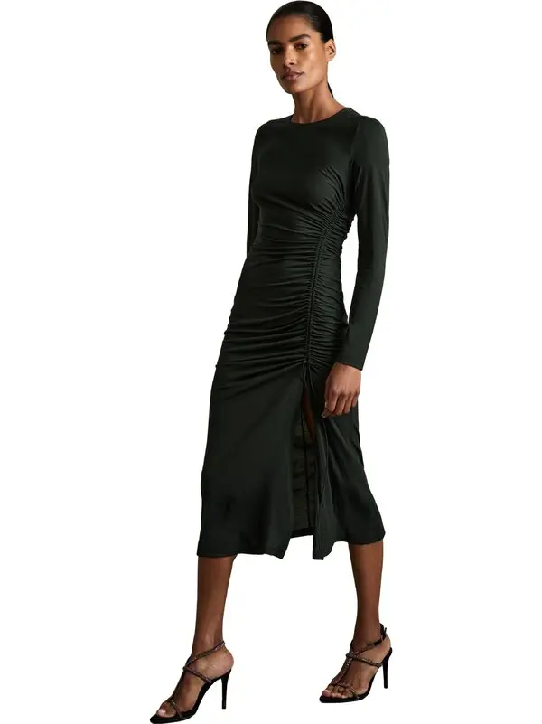REISS Rosie Jersey Ruched Midi Dress - Dark Green