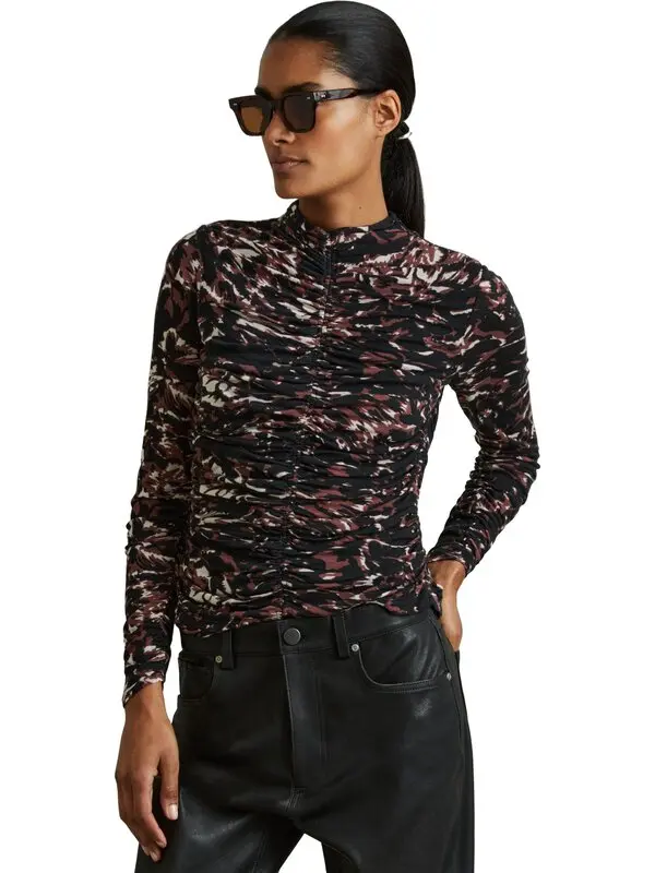 REISS Tammy Printed Ruched Top - Black/brown