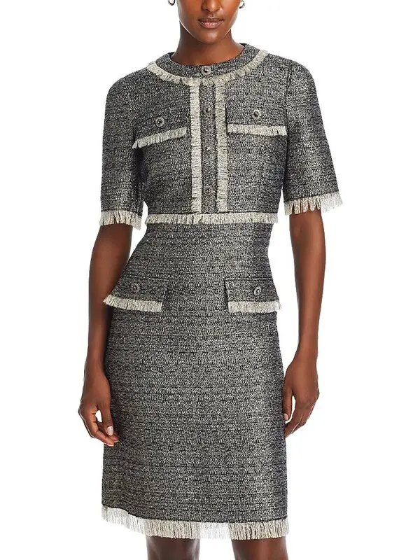 Rickie Freeman For Teri Jon Metallic Tweed Dress With Fringe Trim - Platinum Multi