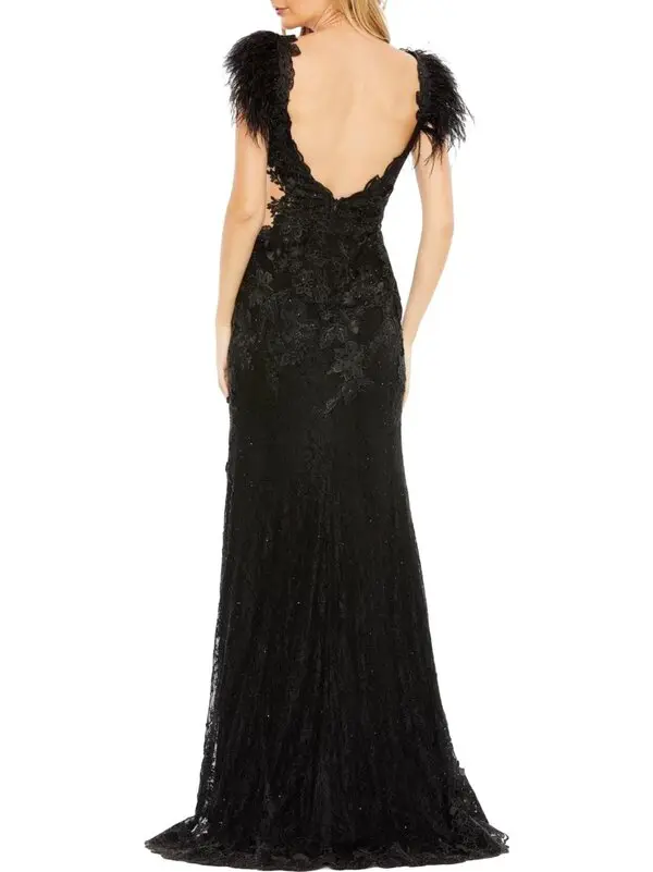 Mac Duggal Feather Cap-sleeve Lace Gown - Black