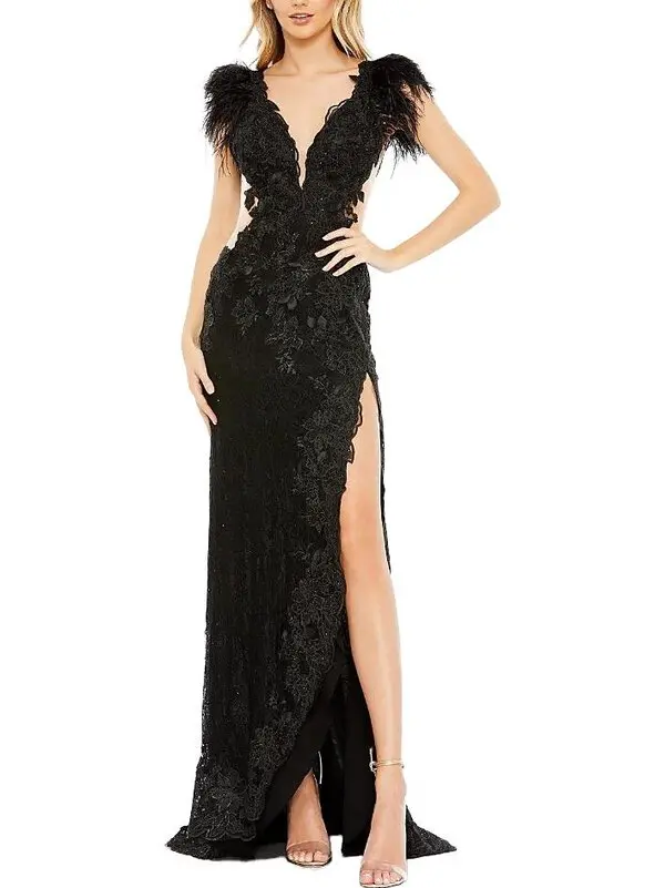Mac Duggal Feather Cap-sleeve Lace Gown - Black