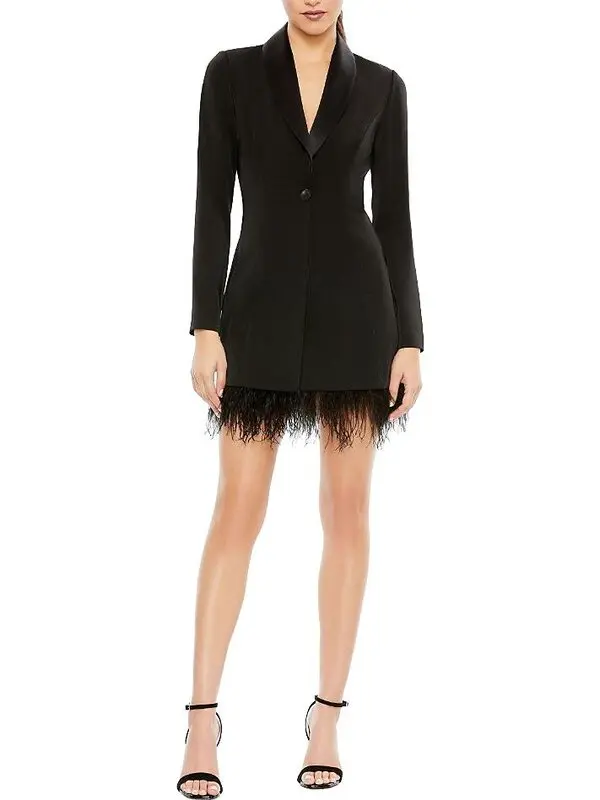 Mac Duggal Feathered Trim Tuxedo Dress - Black