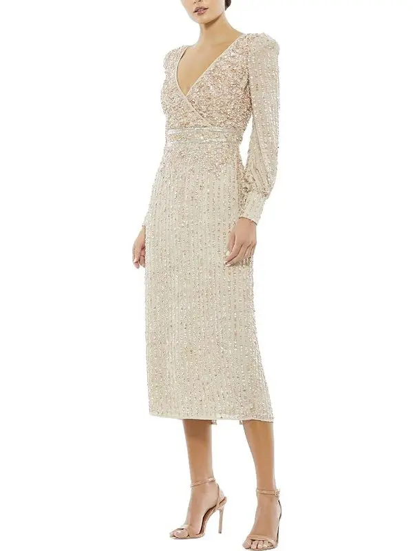 Mac Duggal Sequined V-neck Bishop Sleeve Midi Dress - Nude