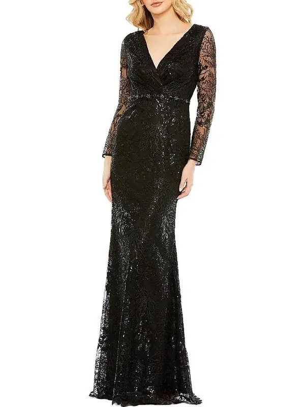 Mac Duggal Embellished Wrap Gown With Long Sleeves - Black