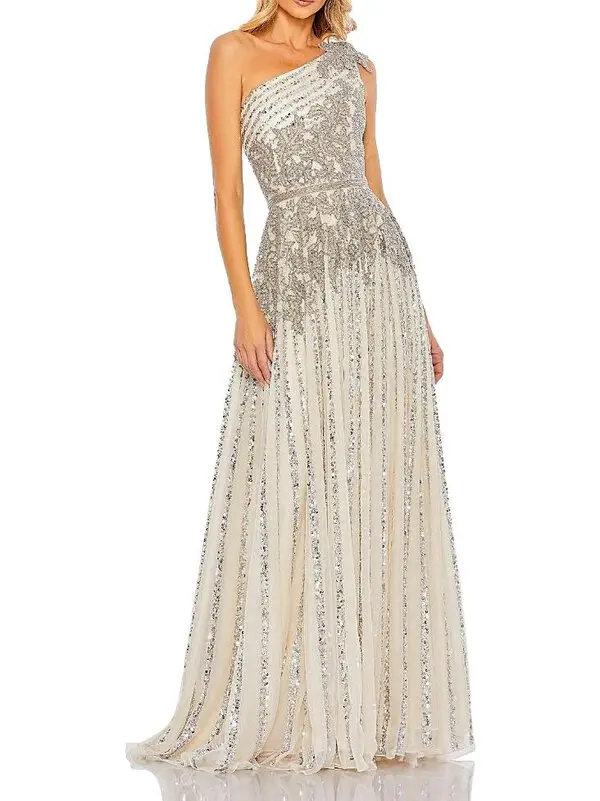 Mac Duggal Beaded Embellished One Shoulder A-line Gown - Silver Nude