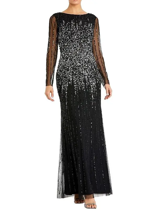 Mac Duggal High Neck Sequin Embellished Long Sleeve A-line Gown - Black