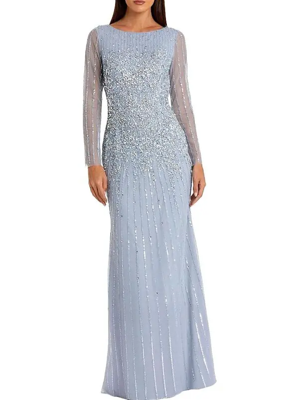 Mac Duggal High Neck Sequin Embellished Long Sleeve A-line Gown - Powder Blue