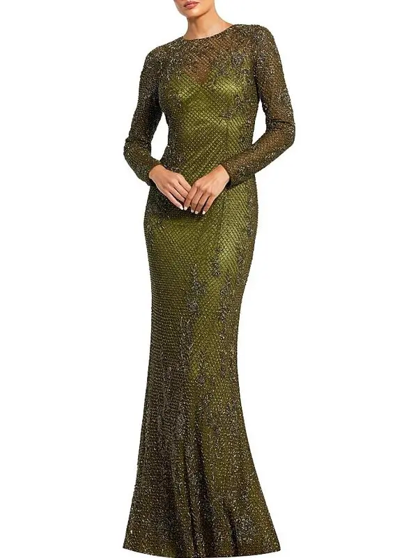 Mac Duggal Long Sleeve Embellished Evening Gown - Olive