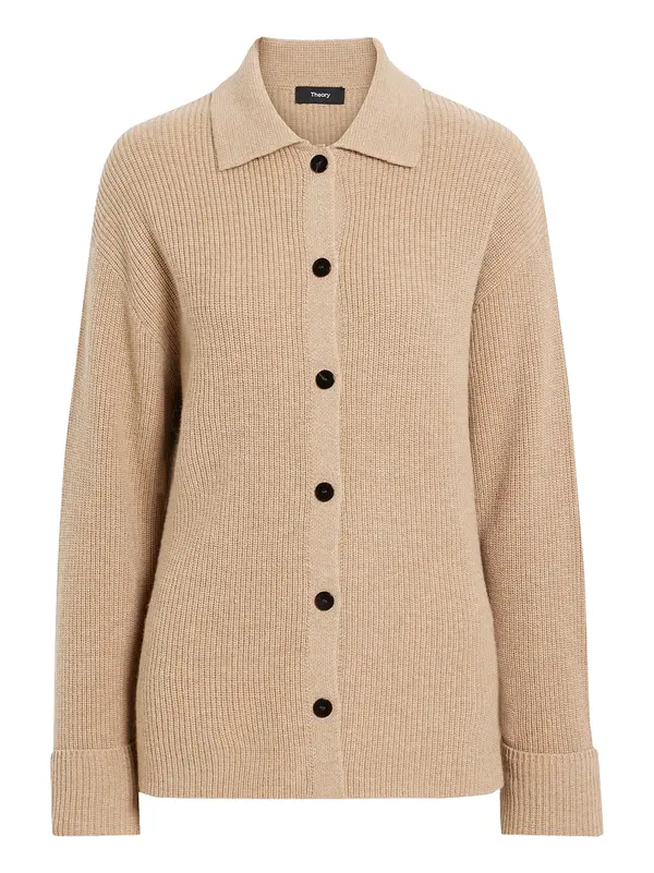 Theory Ribbed Merino Wool And Cashmere-blend Cardigan - Sand