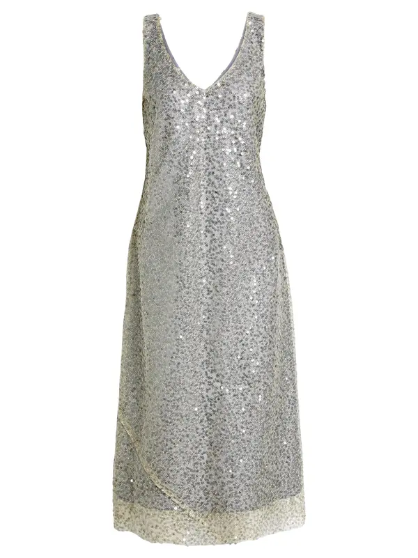 Vince Sequined Metallic Lace Midi Dress - Silver