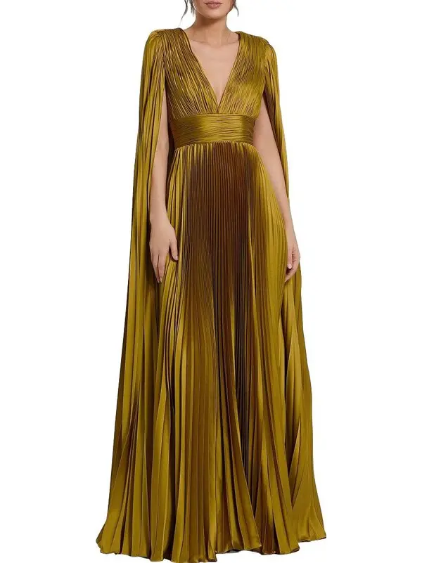 Mac Duggal Metallic Pleated Charmeuse Cape Gown - Chartreuse