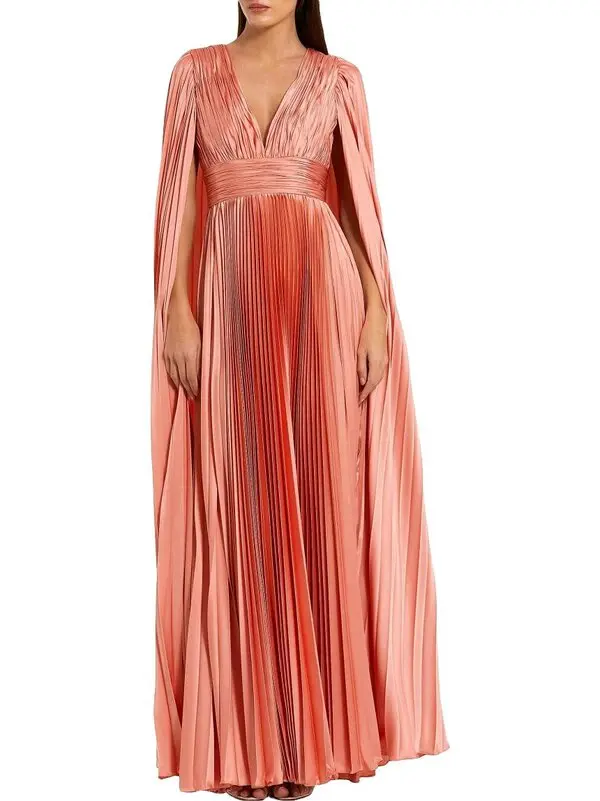 Mac Duggal Metallic Pleated Charmeuse Cape Gown - Peach