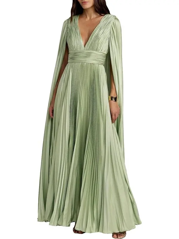 Mac Duggal Metallic Pleated Charmeuse Cape Gown - Sage