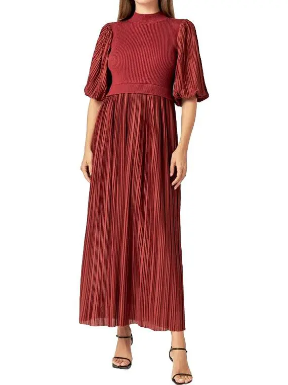 English Factory Mixed Media Pleated Dress - Brick