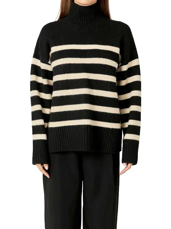 English Factory Stripe Turtleneck Sweater - Black/ Cream