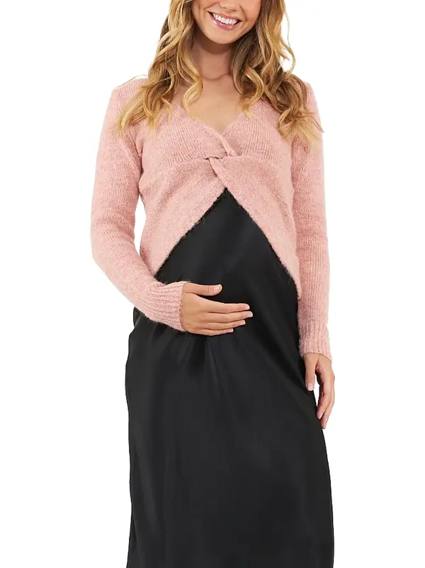 RIPE MATERNITY Nala Knot Front Crop Knit Sweater - Dusty Pink