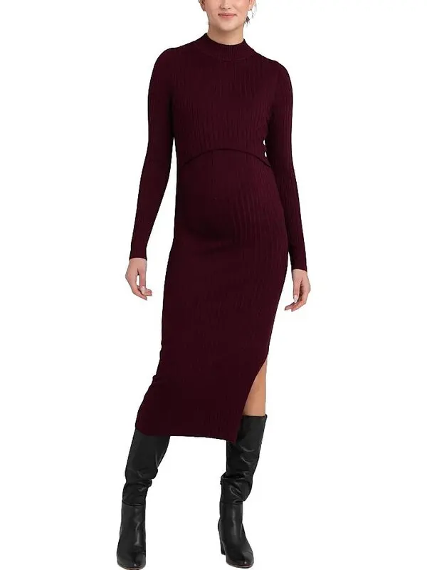 RIPE MATERNITY Nella Rib Nursing Knit Dress - Maroon