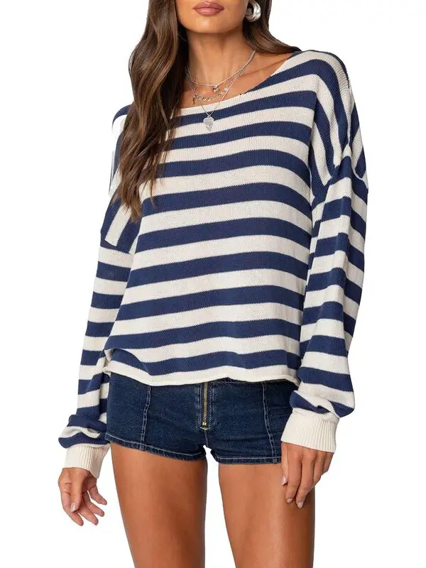 EDIKTED Anney Oversized Striped Cotton Blend Sweater - Blue-and-cream