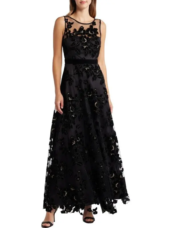 Eliza J Flocked Metallic Tulle Gown - Black