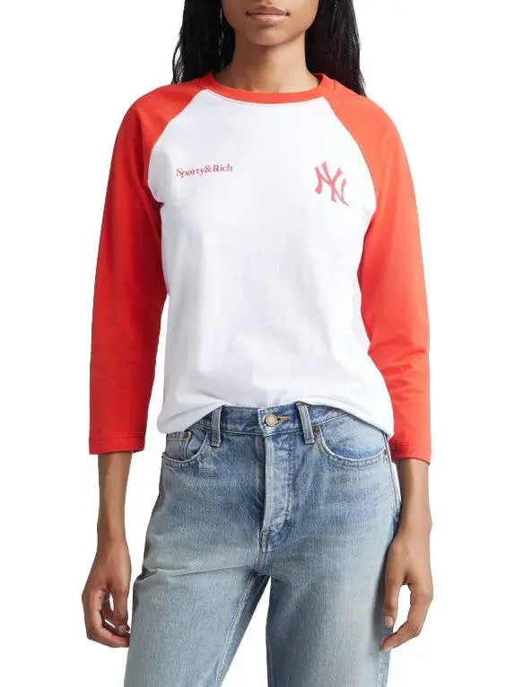 SPORTY & RICH X Yankees Serif Cotton Baseball T-shirt - White/fire Red
