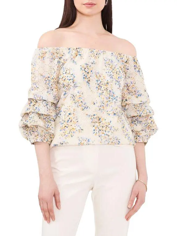 Chaus Eyelet Off-the-shoulder Blouse - Ivory/lavender/blue