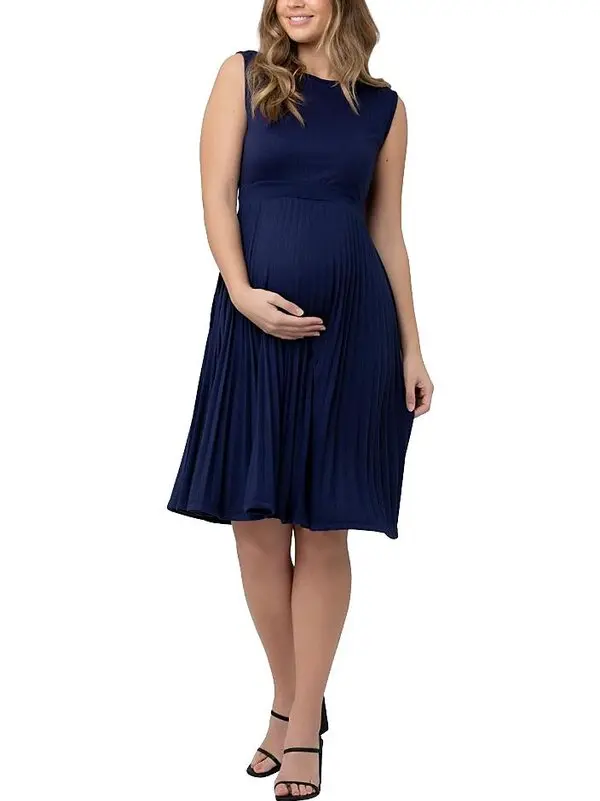 RIPE MATERNITY Knife Pleat Round Neck Dress - Blueprint