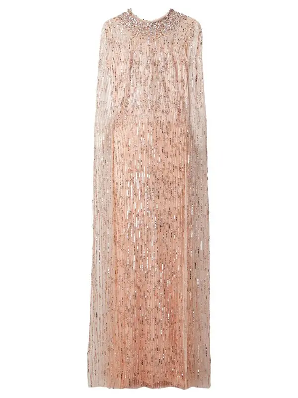 Jenny Packham Cape-effect Embellished Tulle Gown - Orange
