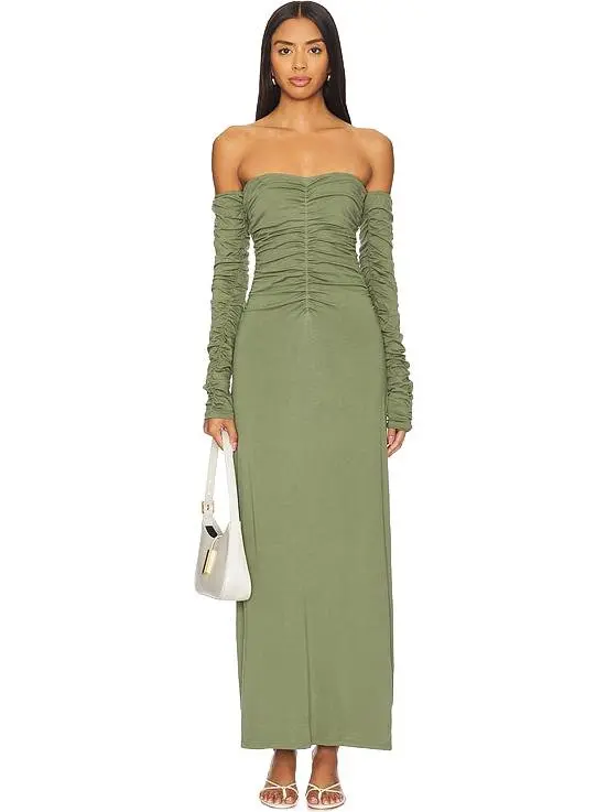 SWF Ruched Long Sleeve Maxi Dress - Utilitarian Green