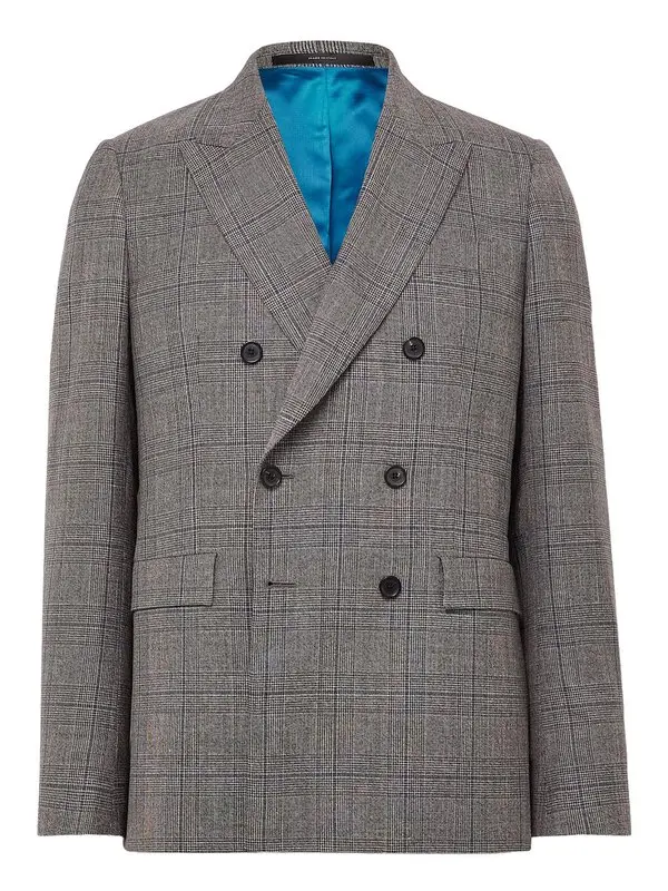 Paul Smith Double-breasted Prince Of Wales Checked Wool And Linen-blend Suit Jacket - Gray