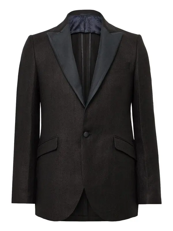 FAVOURBROOK Randwick Slim-fit Faille-trimmed Herringbone Linen And Silk-blend Tuxedo Jacket - Brown