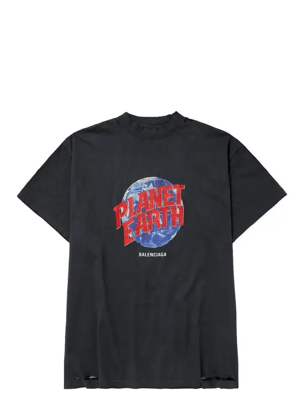 Balenciaga Distressed Printed Cotton-jersey T-shirt - Black