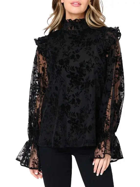 GIBSONLOOK Flocked Mock Neck Bell-sleeve Top - Black