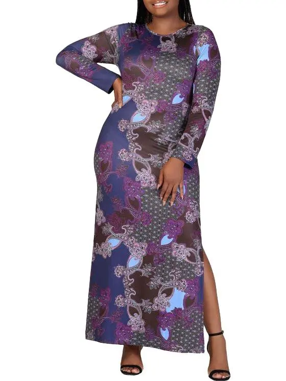 24SEVEN COMFORT APPAREL Mixed Print Maxi Dress - Purple Multi