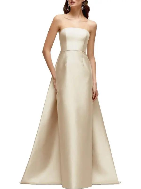 Alfred Sung Strapless Satin Twill Column Gown With Removable Train - Champagne