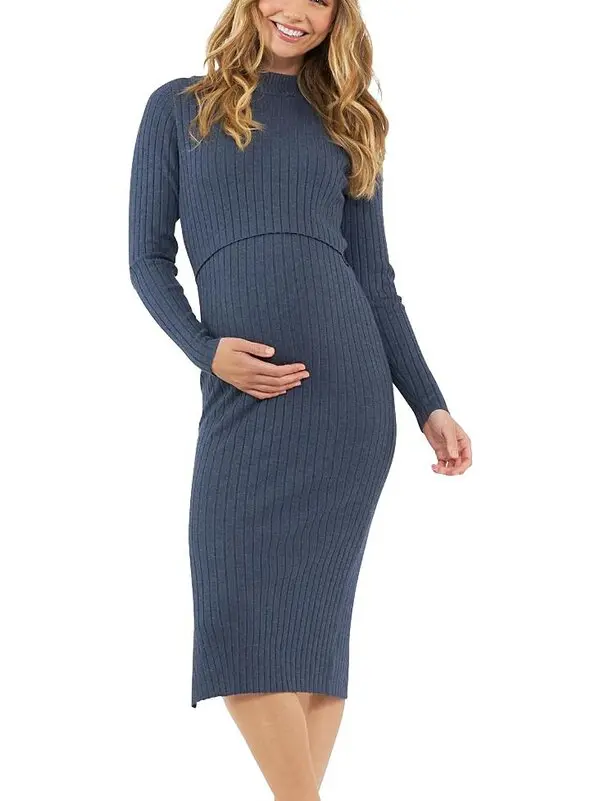 RIPE MATERNITY Nella Rib Nursing Knit Midi Dress - Denim Marle