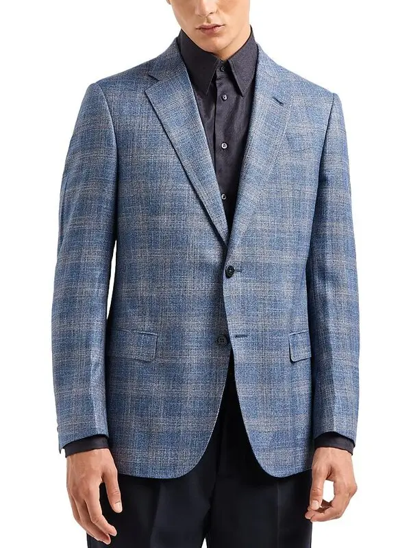 Emporio Armani Notch Lapel Plaid Blazer - Light Blue