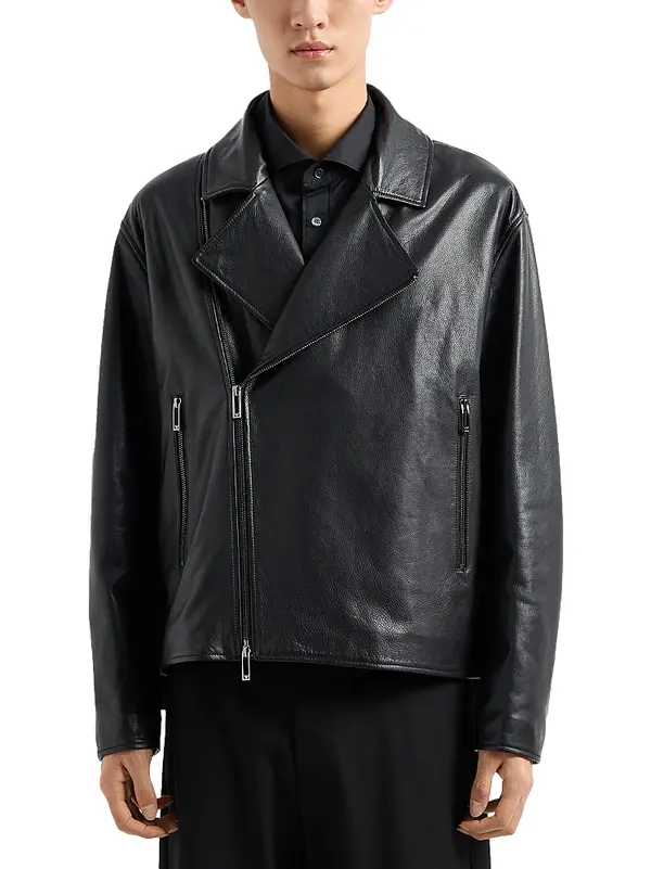 Emporio Armani Asymmetrical Leather Biker Jacket - Black Beauty