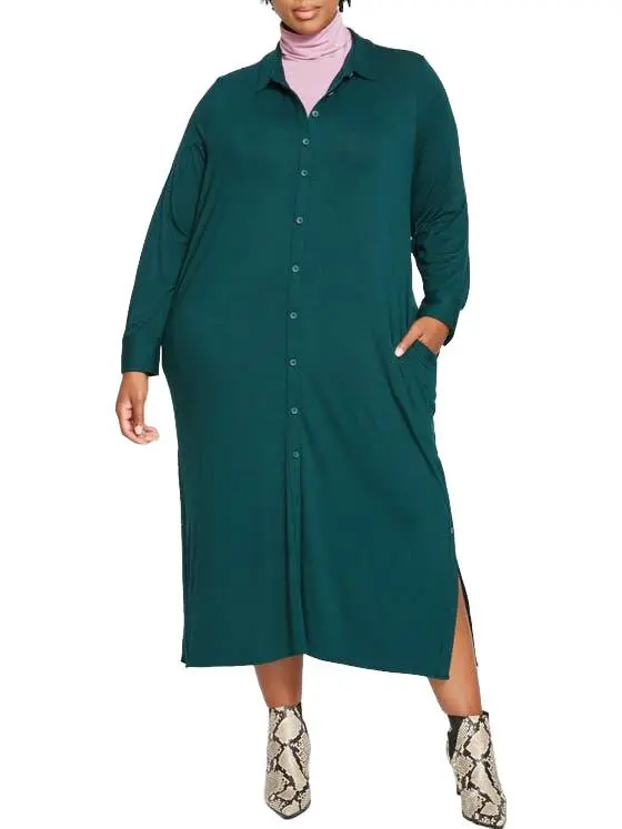 Universal Standard Sally Long Sleeve Liquid Jersey Shirtdress - Forest Green