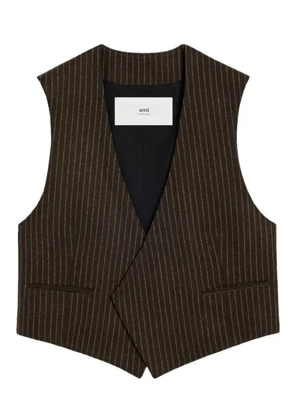 Ami Pinstriped Wool Vest - Brown