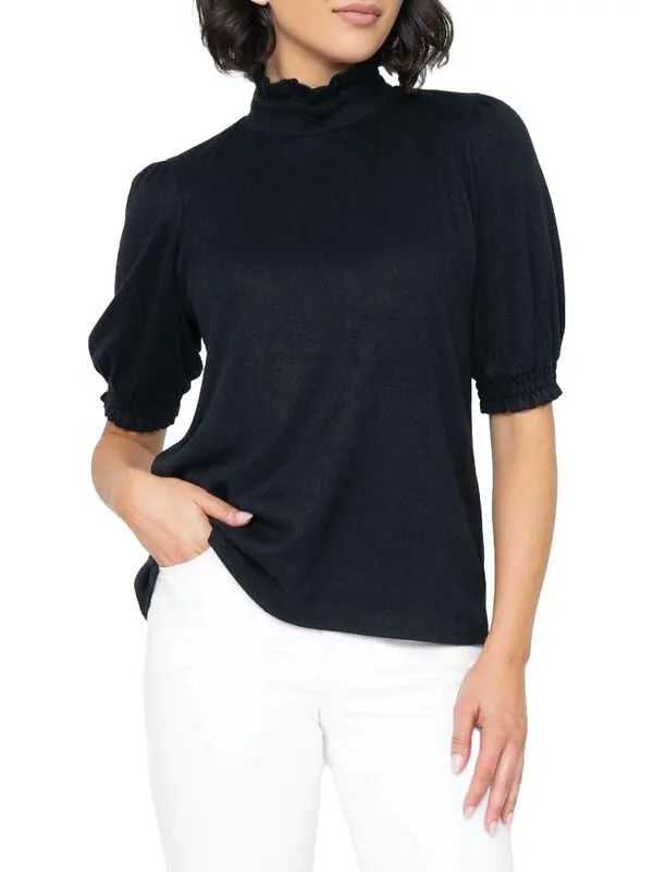 GIBSONLOOK Ruffle Mock Neck Puff Sleeve Sweater - Black