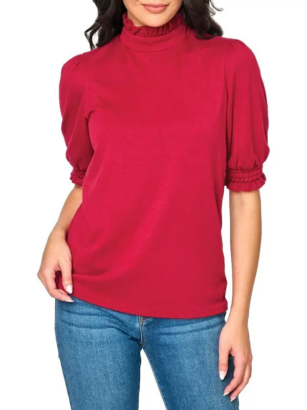 GIBSONLOOK Ruffle Mock Neck Puff Sleeve Sweater - Cranberry
