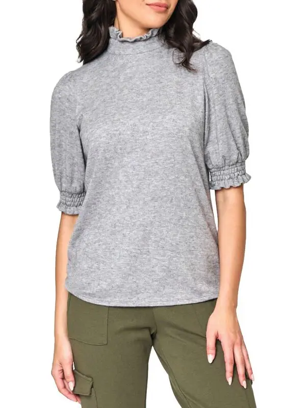 GIBSONLOOK Ruffle Mock Neck Puff Sleeve Sweater - Heather Grey