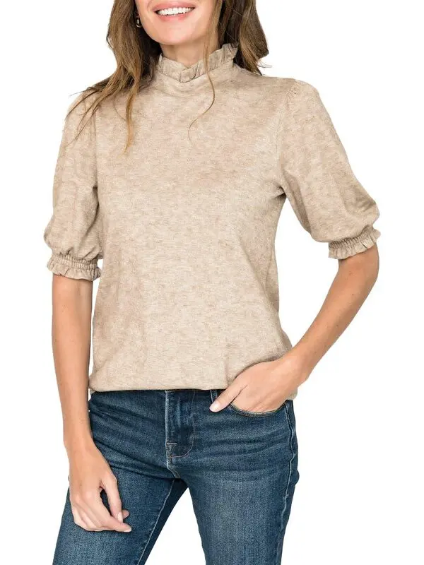 GIBSONLOOK Ruffle Mock Neck Puff Sleeve Sweater - Oatmeal Sand