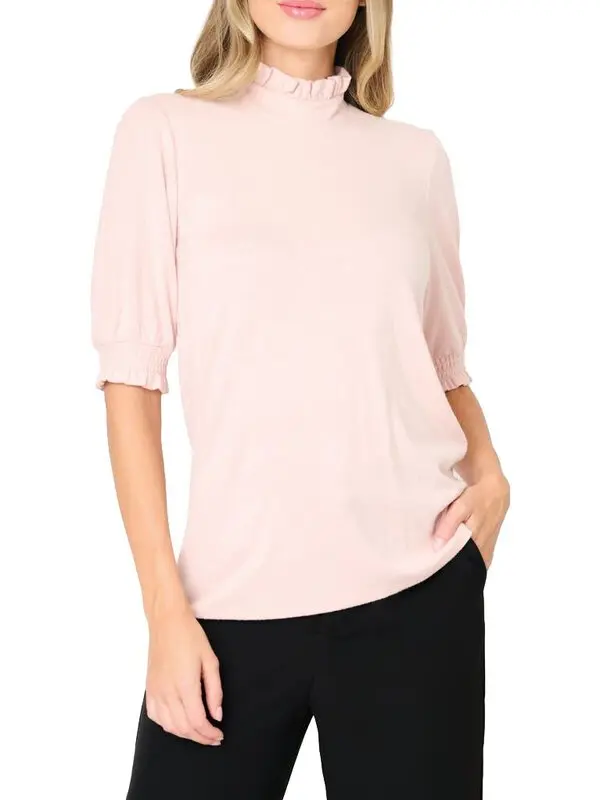 GIBSONLOOK Ruffle Mock Neck Puff Sleeve Sweater - Pink Smoke