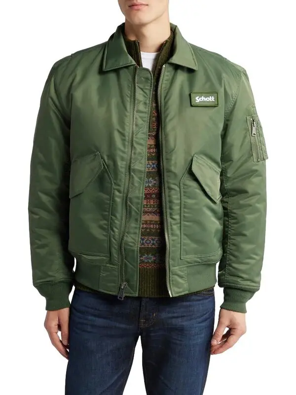 SCHOTT Water-resistant Satin Flight Jacket - Sage
