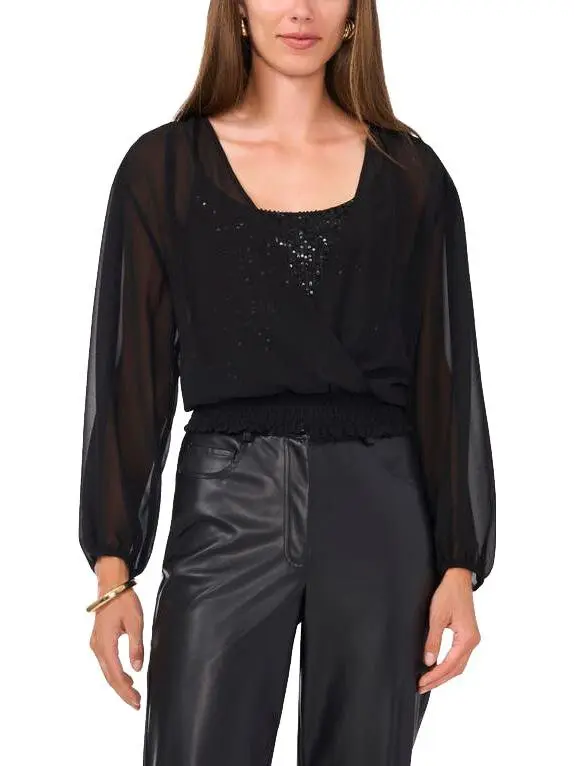 Vince Camuto Sequin Surplice Long Sleeve Top - Rich Black