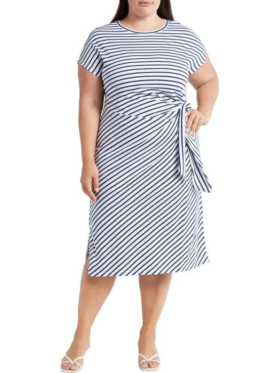 Universal Standard Crescent Knot T-shirt Dress - White/ Cenote Stripe