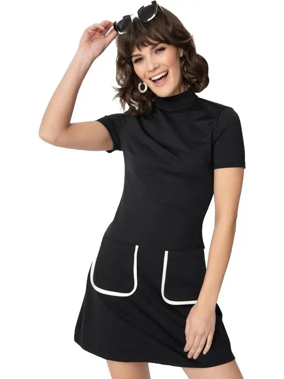 Unique Vintage Mock Neck Shift Dress - Black